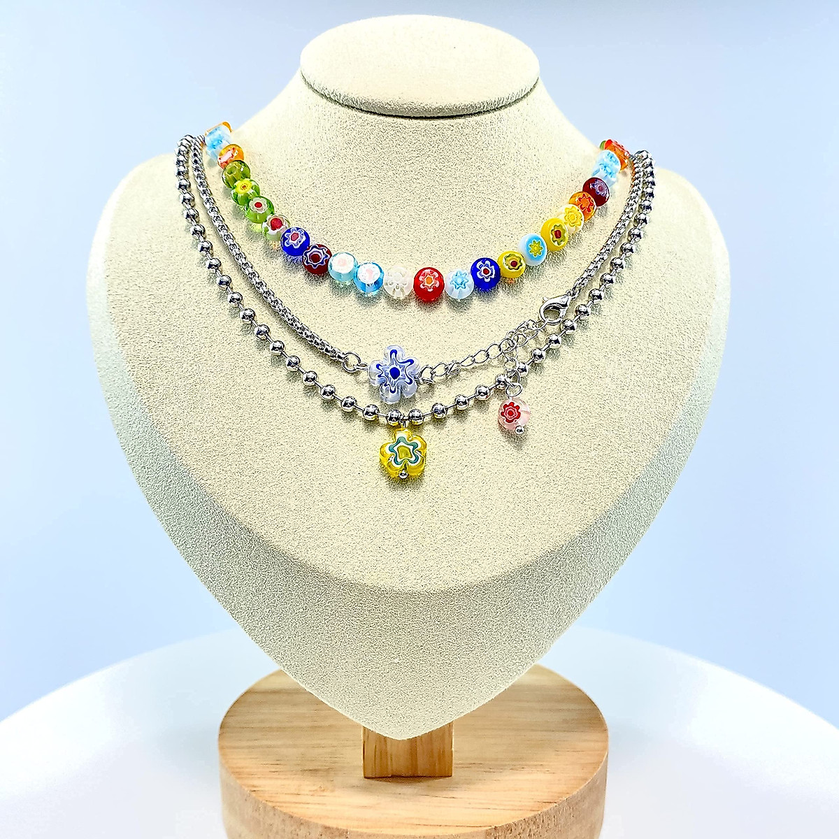 Y2k Necklace Layered Colorful Beaded Necklace Y2K Bead Choker Necklaces with Flower Pendant Indie Jewelry for Teen Girls Woman 3Pcs