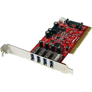 StarTech.com 4 Port PCI SuperSpeed USB 3.0 Adapter Card with SATA/SP4 Power, Quad Port PCI USB-A 3.0 (5Gbps) Controller Card, Red, Windows Only , TAA (PCIUSB3S4)