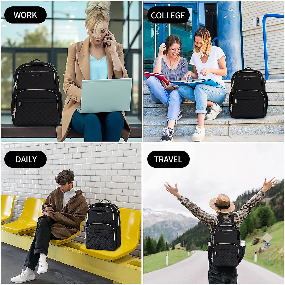 EMPSIGN 15.6 Inch Laptop Backpack Laptop Bag for Women Men, Business Work School Travel Backpack with USB Charging Port, Waterproof Backpack Purse for Women College Computer Book Bag, Black