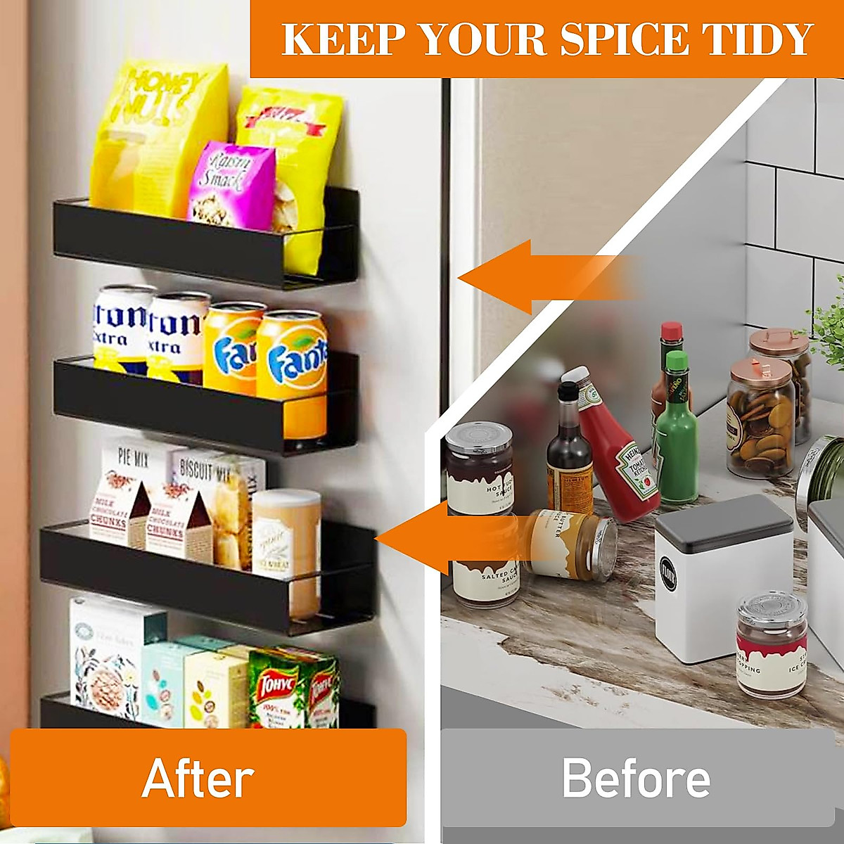 4 Pack Magnetic Shelf for Fridge, Magnetic Spice Rack for Refrigerator,Movable Spice Rack Organizer for Kitchen, Easy to Install, Waterproof and Rustproof ABS Material (BLACK 4 PACK)