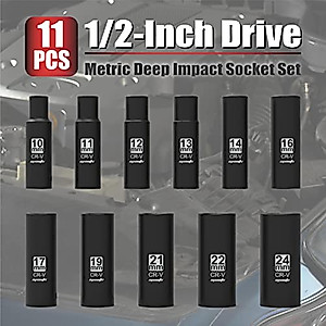 EPAuto 1/2-Inch Drive Metric Deep Impact Socket Set, Cr-V, 6 Points, 11 Sockets