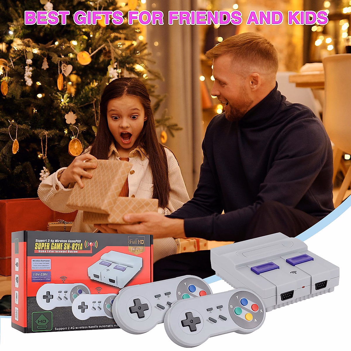 Wireless Retro Game Console - Mini Classic Game System Plug and Play with 2 Classic Wireless Controllers Built in 821 Old School Video Games HDMI HD Output Ideal Gift for Kids and Adults