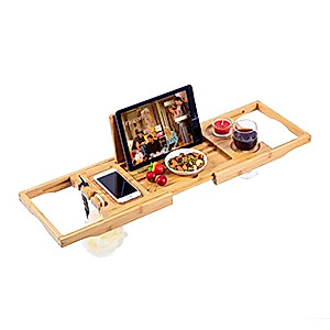 Utoplike Bamboo Bathtub Caddy Tray Bath Tray for Tub, Adjustable Bathroom Bathtub Organizer with Book Tablet Wine Glass Cup Towel Holder,Distinctive Gift (24.5"-37.4")