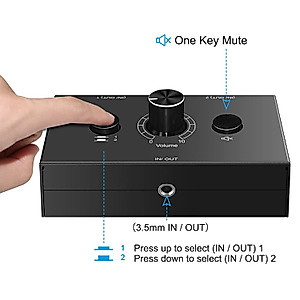 3.5mm L/R Stereo Audio Switch 2-Way Switcher Manual Selector Audio Spliter Box 1 in 2 Out/2 in ONE Out Audio Sharing (Black)