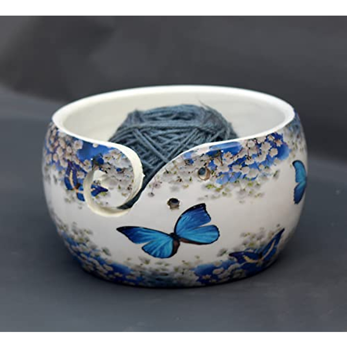 Handmade Wooden Yarn Bowl Crocheting Bowl Round Knitting Wool Storage Yarn Bowl Handmade with Holes with Crochet Hooks for Crocheting Knitting DIY Crafts Tools (Butterfly)