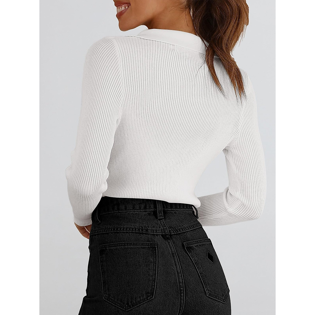 ANRABESS Women's 2024 Fall V Neck Shirts Long Sleeve Ribbed Knit Sweater Lapel Slim Fitted Casual Basic Tee Tops White Small