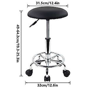 KKTONER Swivel Rolling Stool with Footrest Height Adjustable PU Leather Salon Vanity Spa Massage Office Stool Chair Small (Black)