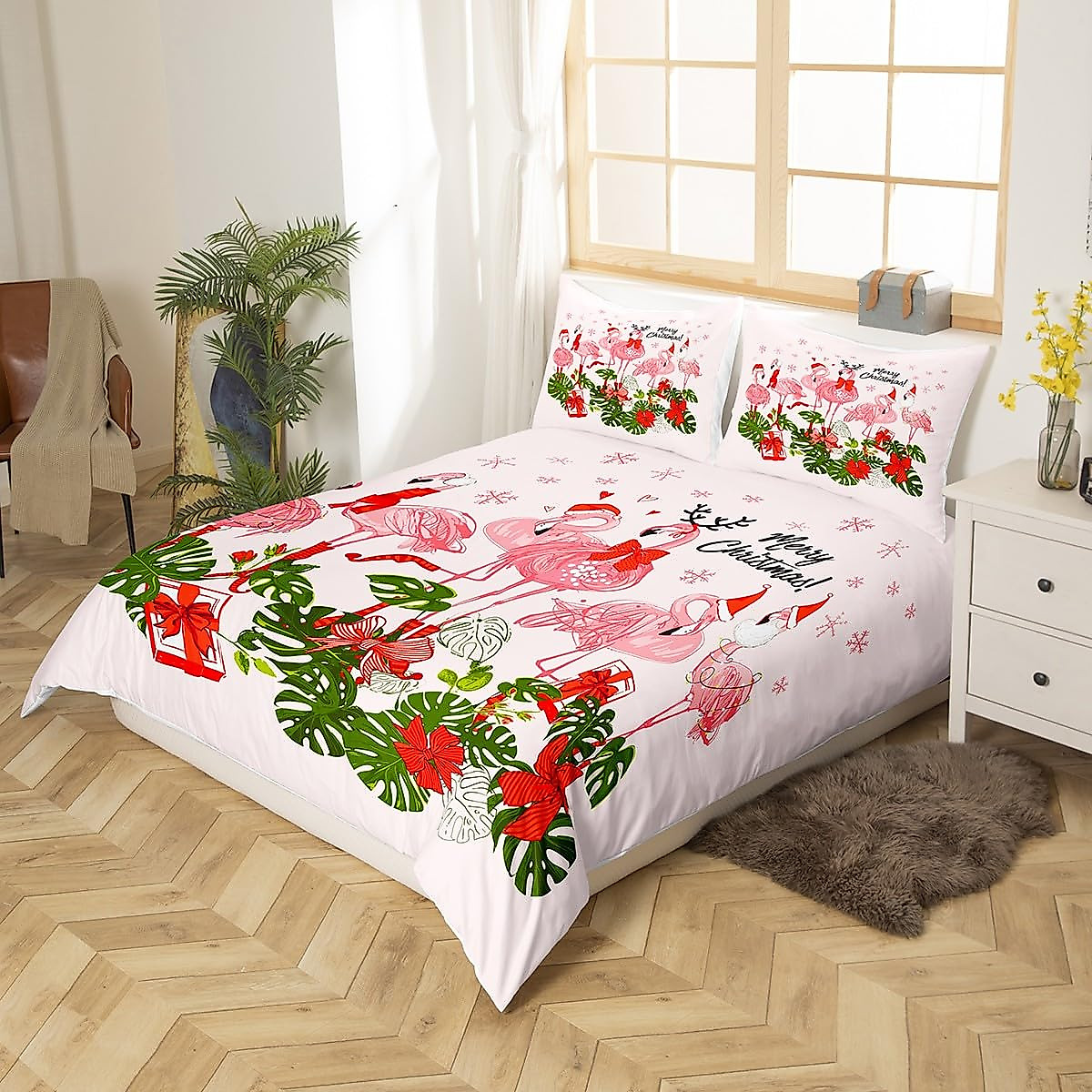 Merry Christmas Bedding Set Queen Size,Pink Flamingo Cartoon Bird Animal Duvet Cover Set for Children Adult,Winter Snowflake Green Leaves Soft Comforter Cover for Dorm Room, Zipper, Ties