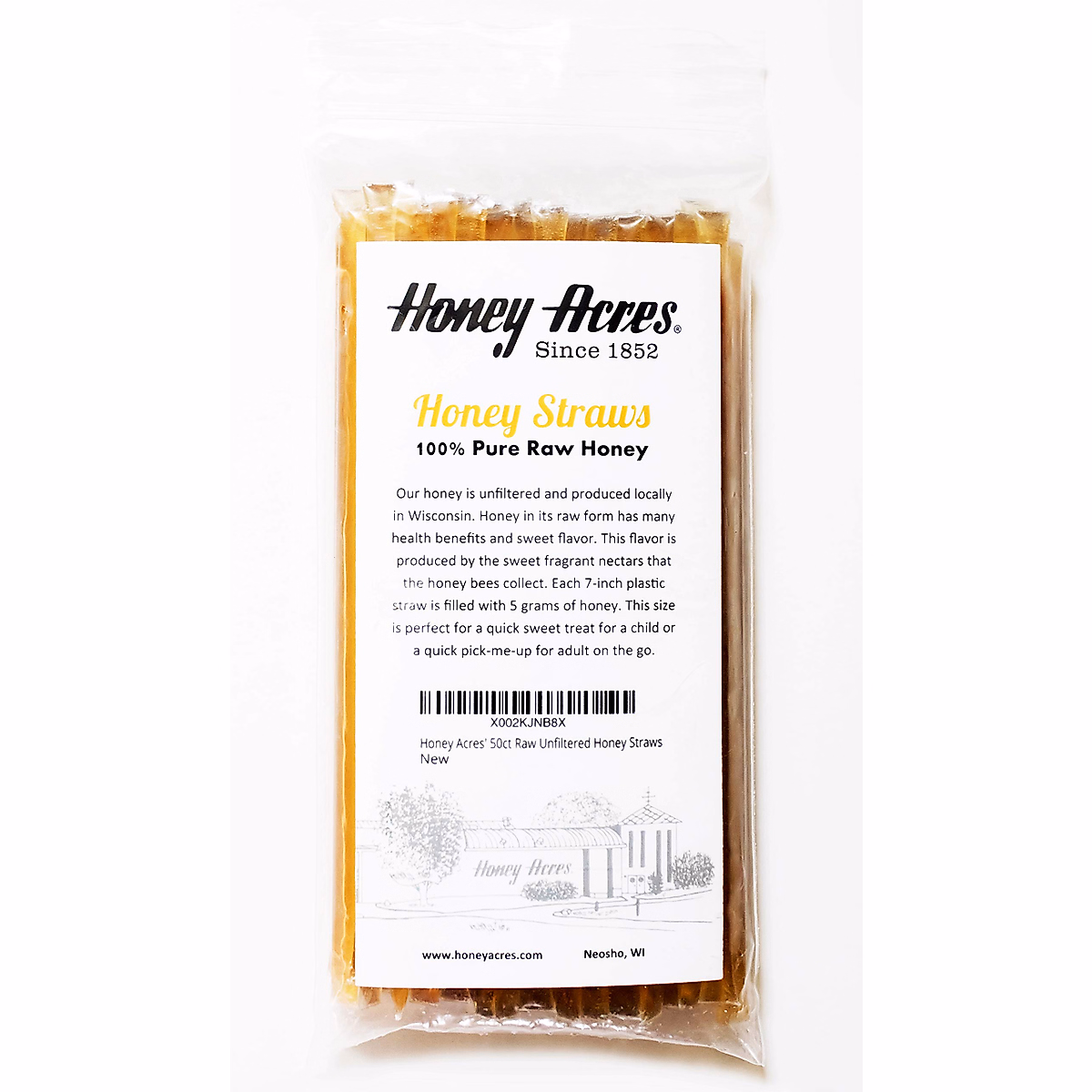 Honey Acres' Raw Unfiltered Honey Straws - USA Honey Sticks (Clover, 50 Count)