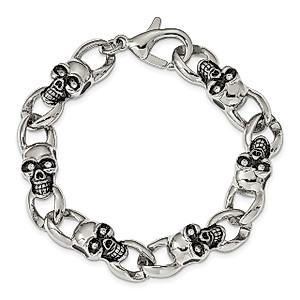 Lex & Lu Chisel Stainless Steel Polished and Oxidized w/CZ Skulls 9'' Bracelet