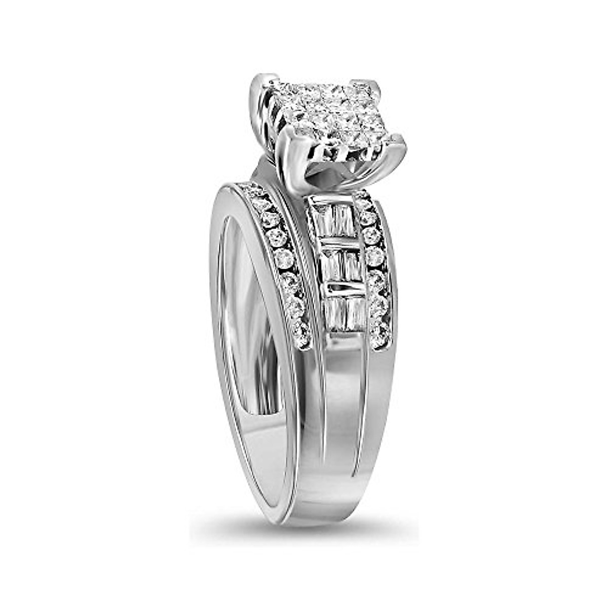 Size - 8.5-10k White Gold Diamond Engagement Wedding Ladies Womens Solitaire Emerald Shape Center Invisible Type Setting Princess, Round & Baguette Cut Diamond Ring 6mm (1/2 cttw)