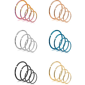 REVOLIA 24Pcs 22G 316L Stainless Steel Nose Rings Hoop Cartilage Ear Septum Piercings 6-12mm