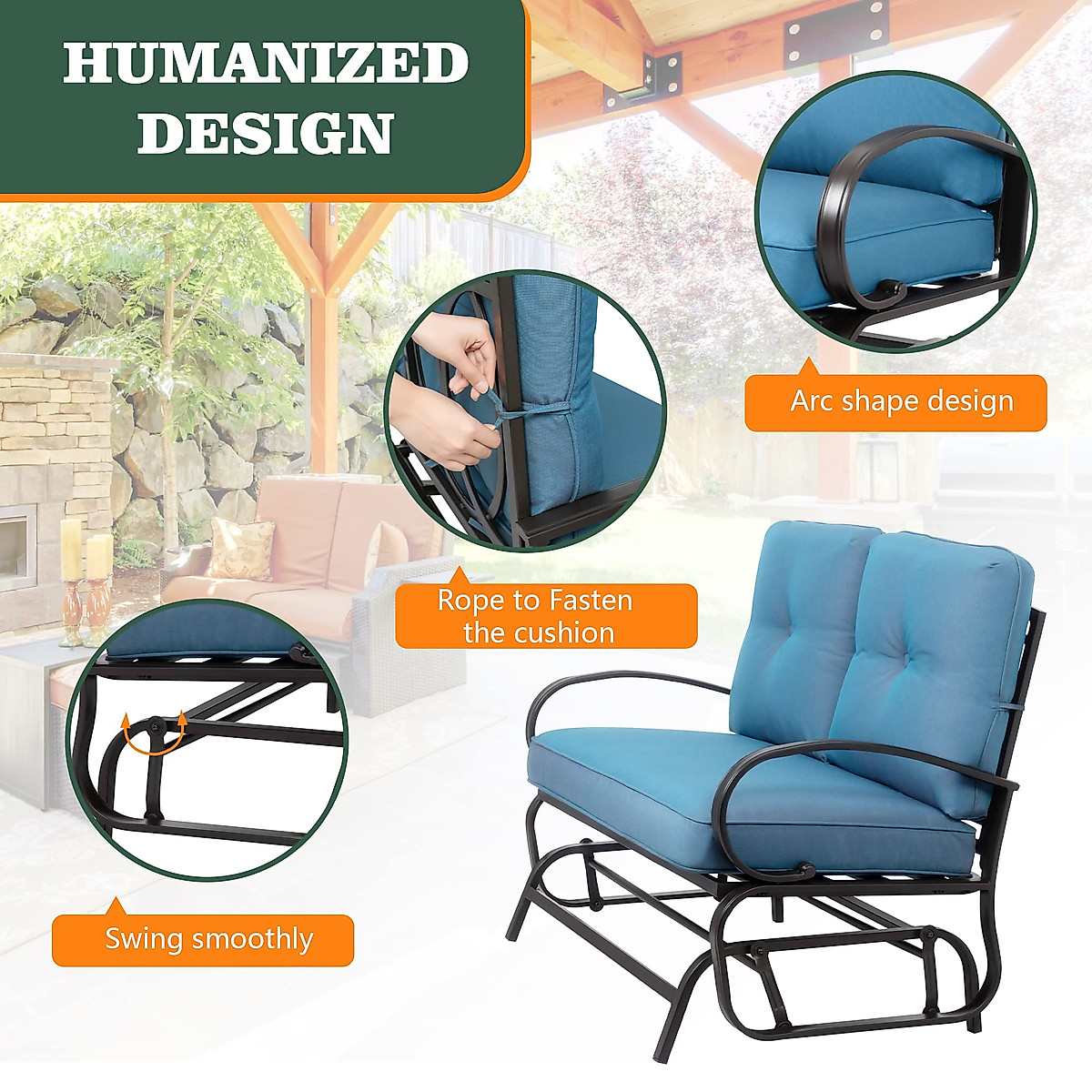 Shintenchi Outdoor Patio Metal Swing Glider Bench 2-Rocking chair Loveseat Wrought Iron Patio Furniture Steel Frame Chair Set with Cushion for Porch Balcony Garden,Bule