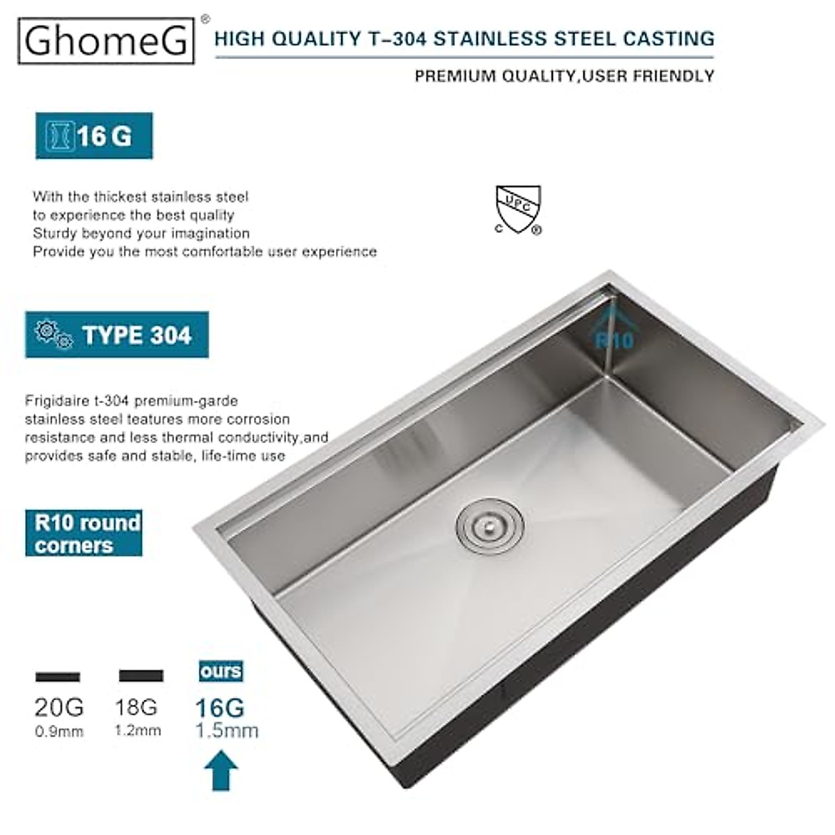 33 Kitchen Sink Undermount - GhomeG 33x19 Inch Undermount Kitchen Sinks Stainless Steel Kitchen Sinks Ledge Workstation Single Bowl 16 Gauge Under Counter Kitchen Sink Basin Round Corners