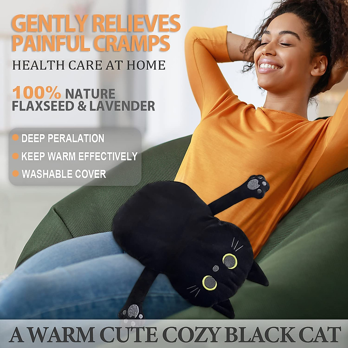 Large Microwave Heating Pad with Washable Cover 21 * 12" Microwavable Heating Pads for Cramps, Back, Neck Shoulder Pain Relief, Cordless Weighted Moist Heat Pack, Black Cat