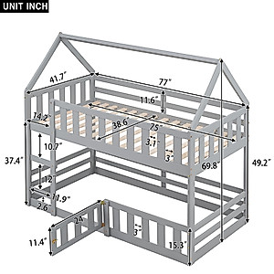 Favfurish Twin Over Twin House Bunk Bed with Fence and Door,Solid Wood Down Bed Frame,w/Sky Roof & Safety Guardrail,No Box Spring Needed,for Kids, Teens, Girls, Boys,Grey