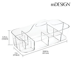 mDesign Plastic Divided Cosmetic Organizer Caddy Tote Bin with Handle, for Bathroom Vanity Storage - Holds Blush, Makeup Brushes, Palettes, Lipstick, Nail Polish - Lumiere Collection - Clear