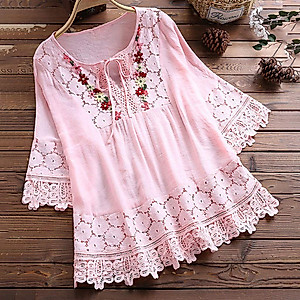 Aniywn Women Round Neck Lace Up Lace Patchwork Flare Pullover Top Casual Plus Size 3/4 Sleeve Floral Printed T-Shirt Pink
