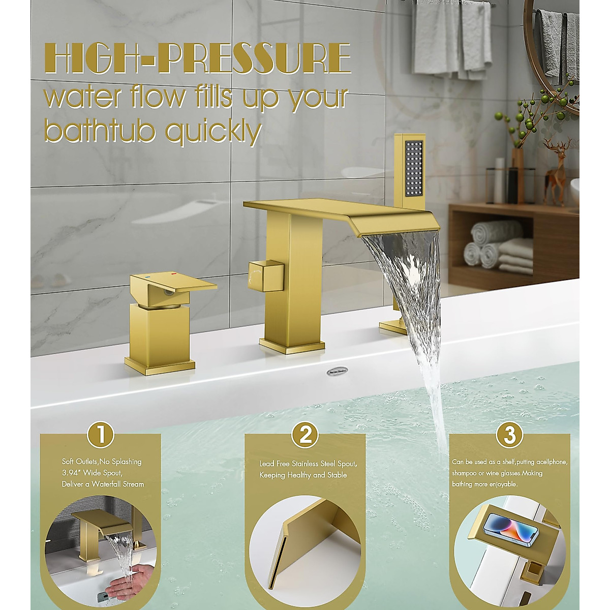 Modern Roman Tub Faucet with Hand Shower, Deck Mount Tub Filler Bathtub Faucet with Sprayer, Single Handle Bathtub Faucet Set, Widespread 3 Hole Bathtub Faucet (Brushed gold-Wide Spout)