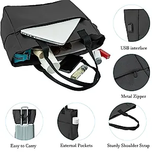 Tote Bag for Women Large Work Bags Laptop 15.6-17 Inch Handbag Purse Book Bag with Zipper for Nurse Teacher School, Blackgrey