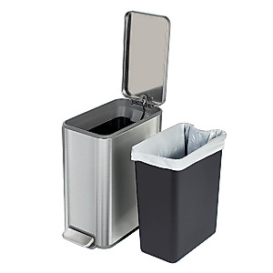 Glad Slim Bathroom Trash Can - Small Garbage Pail with Soft Close Lid & Step Foot Pedal | Narrow Brushed Nickel Waste Basket with Removable Inner Bucket, 2.6 Gallon