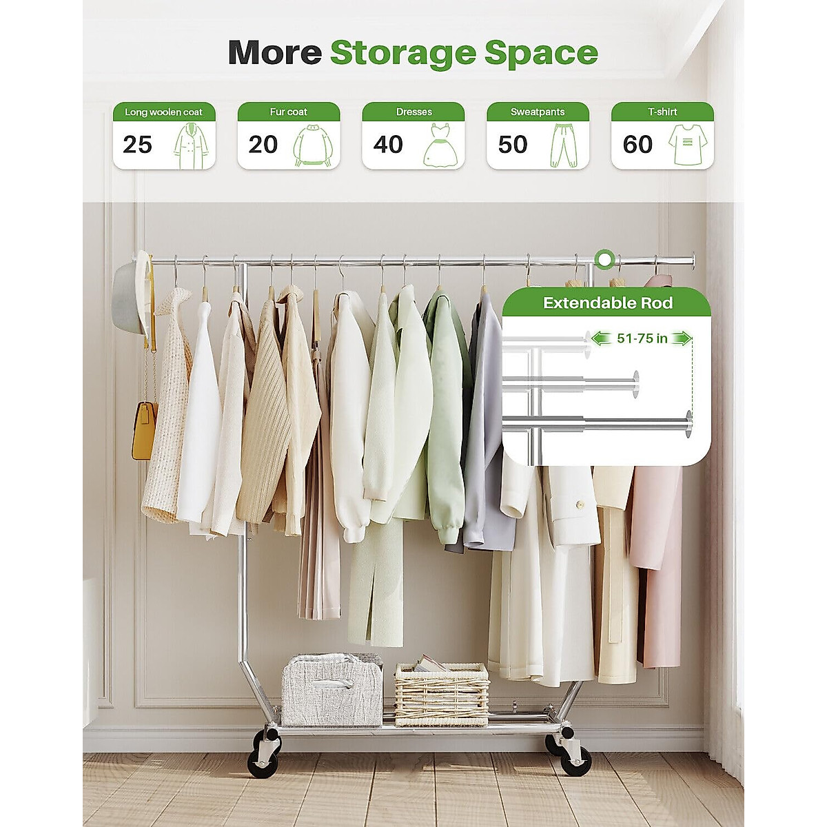 Rolling Commercial Grade Clothing Garment Racks Sing Rail Adjustable