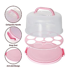 Garmeinea Cake Carrier Cupcake Containers with Lid and Handle Portable Storage & Transport Container Holder 10” Cake Stand for Cake Cupcakes Nuts Pies Muffins Cookies Fruit Pink