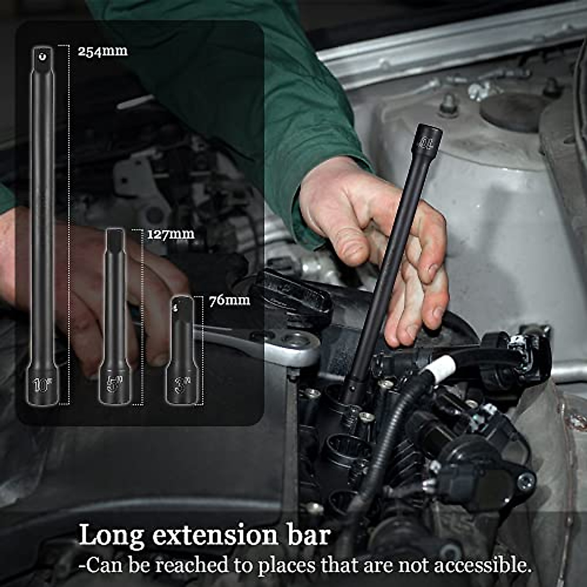 Vistreck 1/2 '' Impact Socket Set, 20 Piece 6 Point Impact Set, Metric Sizes (9-24mm) Socket Set with 3" 5" 10" Impact Extension Bar, 1/2" Adapter, CR-V Steel, Deep Socket Set 1/2 Drive