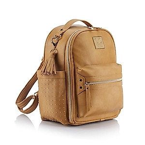 Itzy Ritzy Chelsea + Cole Mini Diaper Bag Backpack - Studded Mini Backpack with Changing Pad, 8 Pockets, Rubber Feet & Tassel - Caramel with Sweetheart Print Interior and Gold Hardware