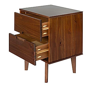 Walker Edison Mid Century Modern Grooved Handle Wood Nightstand Side Table Bedroom Storage Drawer and Shelf Bedside End Table, 2 Drawer, Walnut