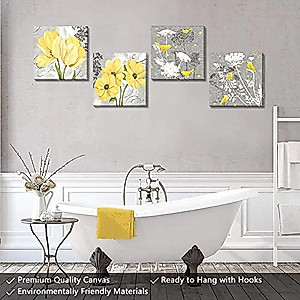 Wall HDQ Yellow Gray Wall Art Canvas Flowers Birds Wall Decor for Living Room Bathroom Abstract Modern Floral Large Posters Print Artwork Framed Hang Pictures for Home Decorations 12''x12'' x4 Panels
