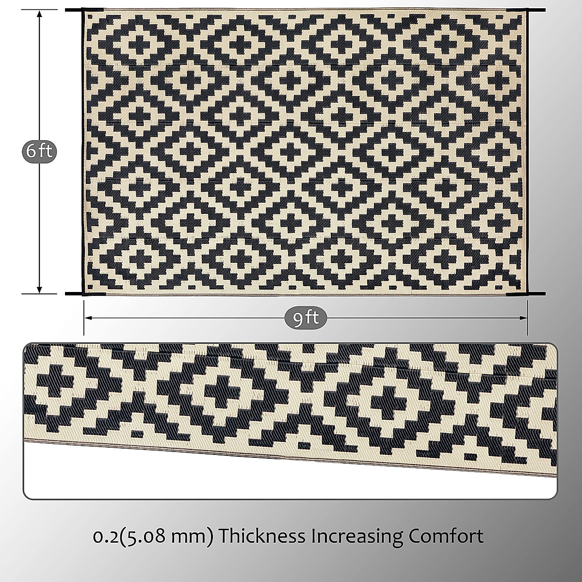 SAND MINE Reversible Mats, Plastic Straw Rug, Modern Area Rug, Large Floor Mat and Rug for Outdoors, RV, Patio, Backyard, Deck, Picnic, Beach, Trailer, Camping, Black & Beige, 6' x 9'