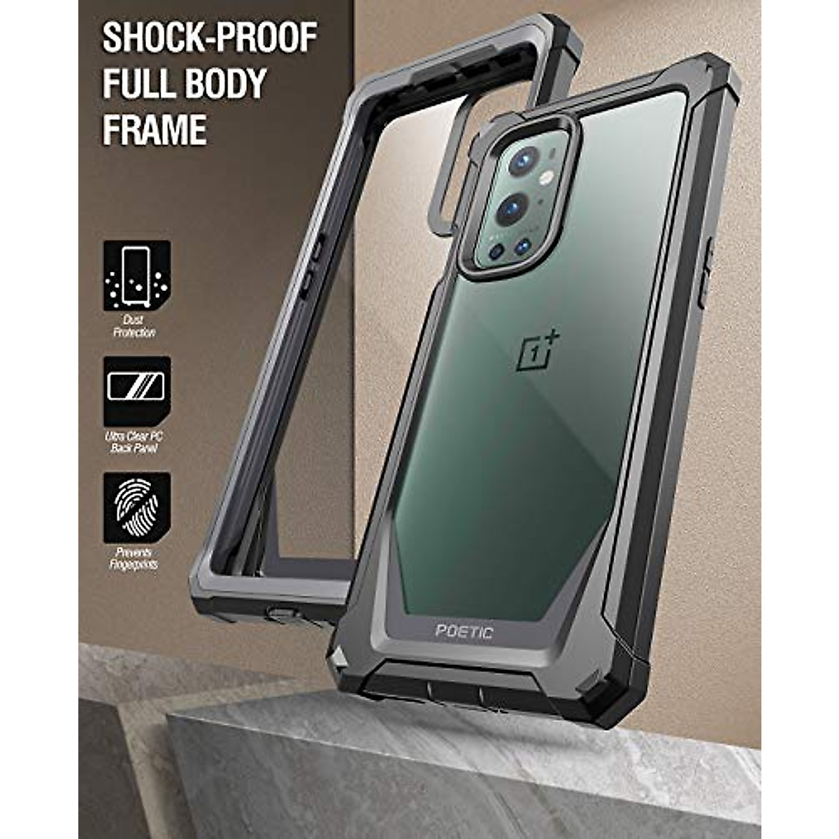 Poetic Guardian Case Designed for Oneplus 9 Pro 5G, Built-in Screen Protector Work with Fingerprint ID, Full Body Hybrid Shockproof Bumper Cover Case, Black/Clear
