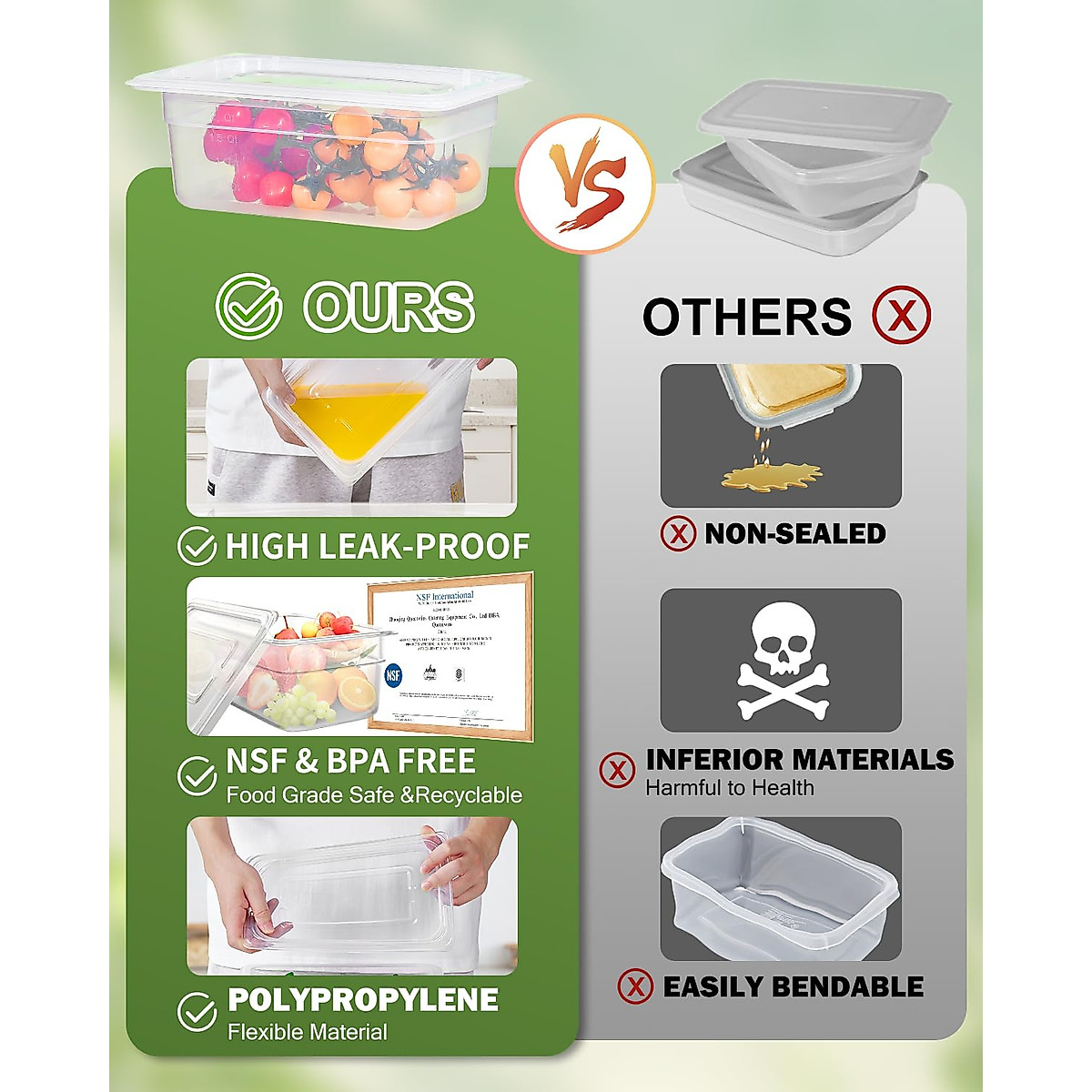 1/3-1/6-1/9 Size&6 Inch Translucent NSF Food Pan: 9 PCS[Total Seal] [Hot&Cold Resistant] Food Storage Containers with Lids, Topping Salad Bar Container (BPA-FREE)