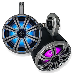 KICKER Marine 8" LED Wake Tower System with Black enclosures and Silver Grilles, Includes Remote for LEDs