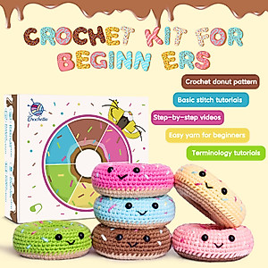 Crochet Kit for Beginners, Beginner Crochet Starter Kit w Step-by-Step Video Tutorials, Learn to Crochet Kits for Adults & Kids, DIY Knitting Supplies, 6-Pack Donut Family(40%+ Yarn Content)
