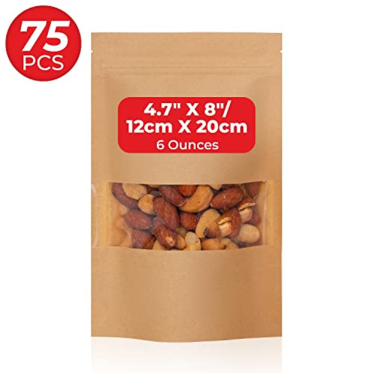 75- Pcs Bulk Heat Sealable Bags for Packaging - Food Grade Zip Stand Up Kraft Bags with Window - Resealable Waxed Paper Pouch Bags for Selling Products (12cm x 20cm) - (4.7" x 8") - 6oz