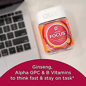Olly Laser Focus Gummy 18 Day Supply Gummies Ginseng Alpha GPC B Vitamins Chewable Supplement, Berry Tangy Tangerine, 36 Count