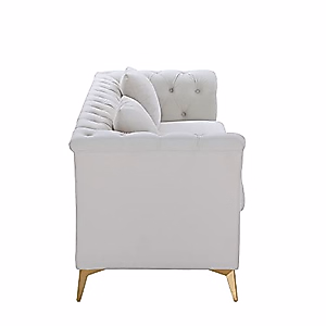 HomSof Sofa Beige Modern Chesterfield Curved 3 Seat Button Tufed Velvet Couch with Scroll Arms and Gold Metal Legs