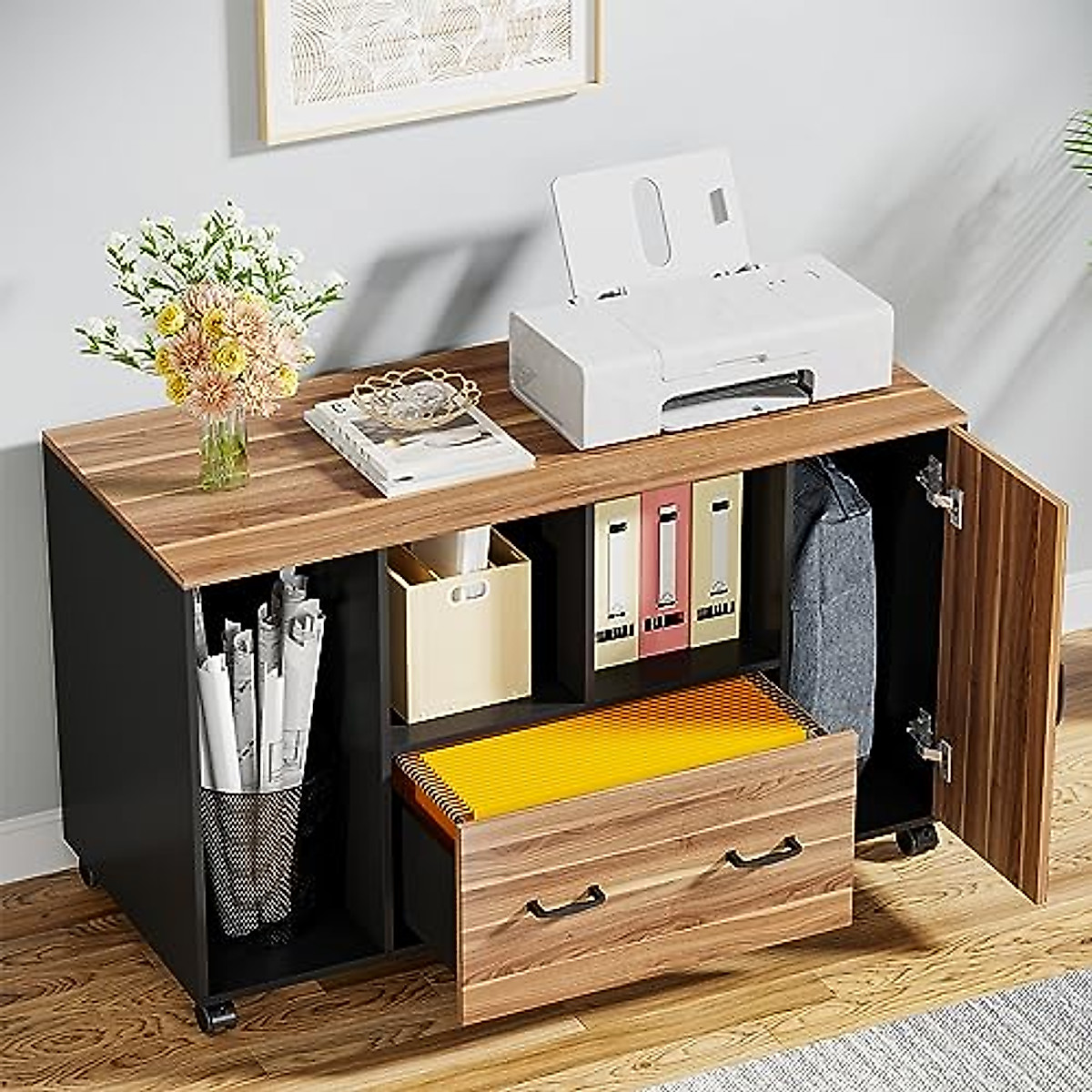 LITTLE TREE Rolling File Cabinet with Drawer and Door,Mobile Filing Cabinet with Storage Shelves and CPU Holder for Home Office,Living Room