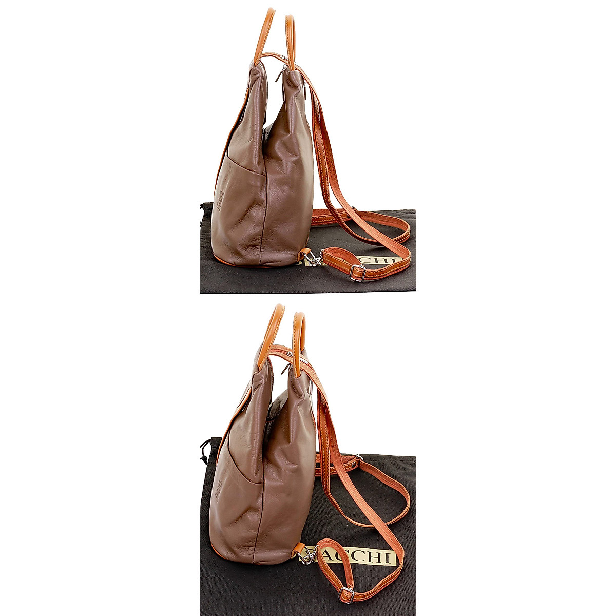 PRIMO SACCHI Italian Soft Leather Dark Taupe Tan Top Handle Shoulder Bag Rucksack Backpack Purse