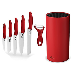 Vos Universal Knife Block and Ceramic Kitchen Knives With Peeler, Ceramic Paring Knife 4", 5", 6", 7", 8" Inch Red