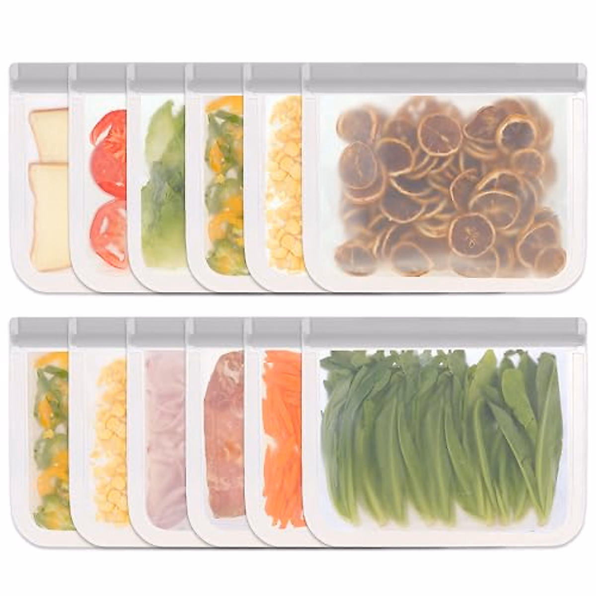 Moretoes 12 Pack Reusable Ziplock Bags, Freezer Bags Leakproof Sandwich Size Food Storage Bags Washable for Marinate, Snakes, Travel, Kitchen Organization (Grey)