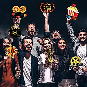 Fumete 32 Pieces Movie Night Party Cutouts Movie Party Decorations Kit Double Sided Printing Golden Black Paper Cards Red Carpet Clapboard Movie Tickets Film Reel Decor for Movie Night Party Supplies