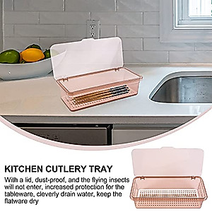 DOITOOL Flatware Tray with Lid and Drainer, Tableware Utensil and Cutlery Drawer Organizer with Lid Covered Silverware Tray to Keeps Your Cutlery Organized and Protected ( Brown )