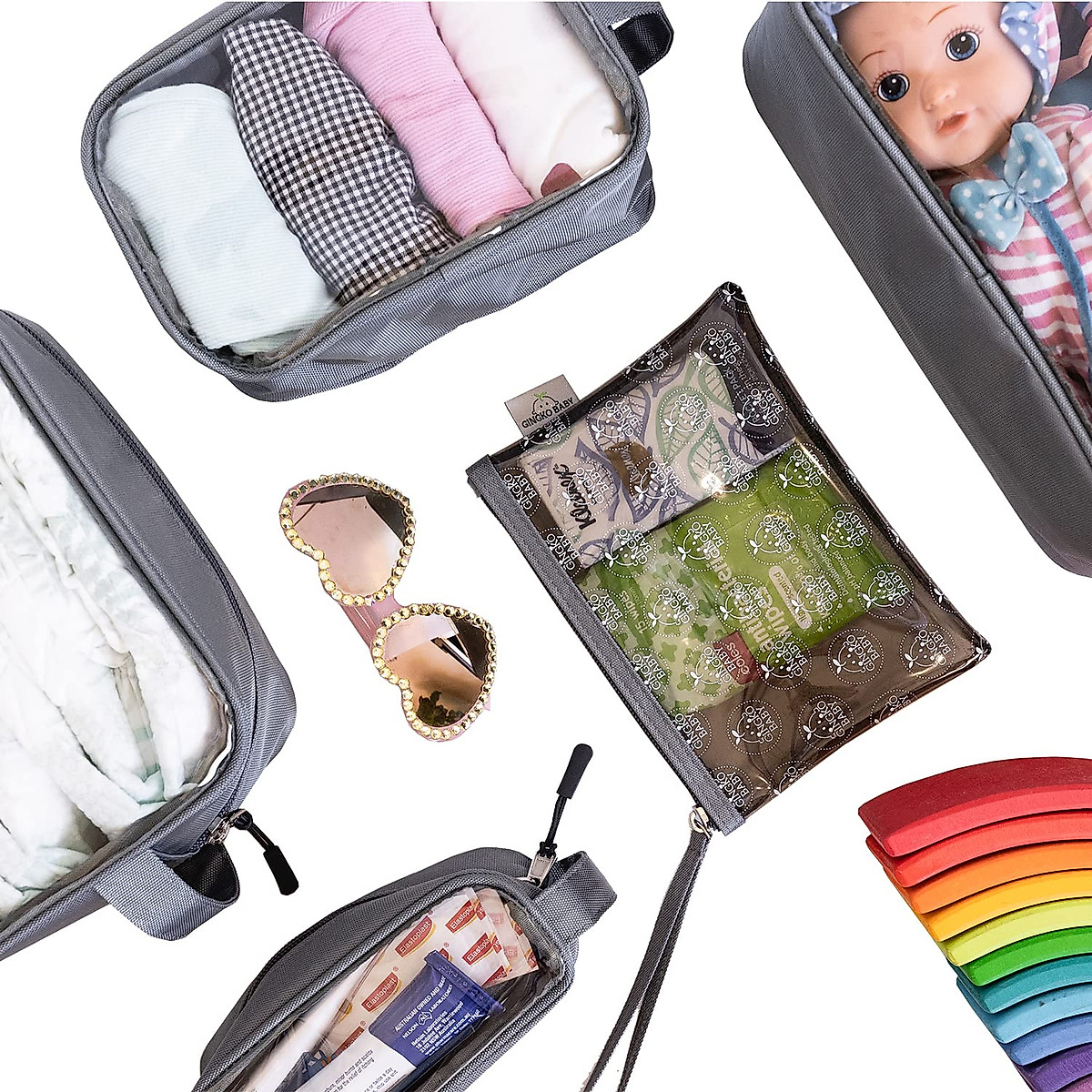 Gingko Baby Supa Tough Diaper Bag Organizing Pouches Set of 5 - Premium Quality Clear Organizer Inserts - Versatile Wipe Clean Baby Packing Cubes - Nursery and Travel Organization (Silver Grey)