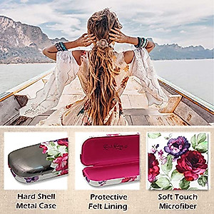 Rachel Rowberry Floral Hard eyeglass case | Glasses Case Hard Shell with Microfiber Drawstring Pouch and Cleaning Cloth | Protective Small sunglasses case for women (AS126 Cranberry Rose)