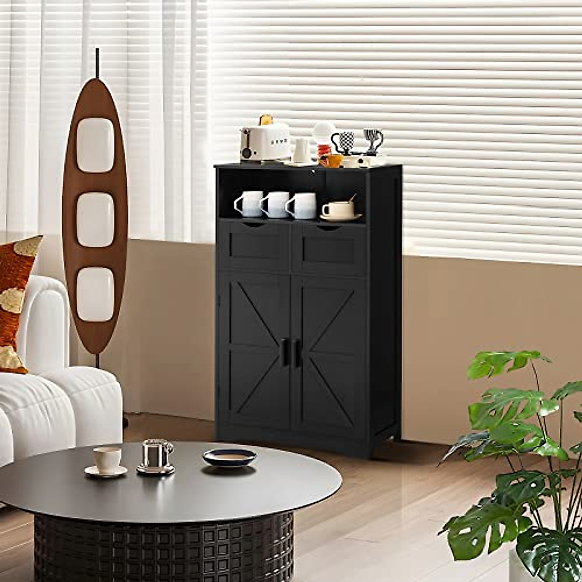 WEENFON Bathroom Cabinet, Floor Cabinet with 2 Doors & 2 Drawers, Bathroom Storage Cabinet with Adjustable Shelf, Freestanding Wooden Storage Organizer for Bedroom, Living Room, Hallway, Black