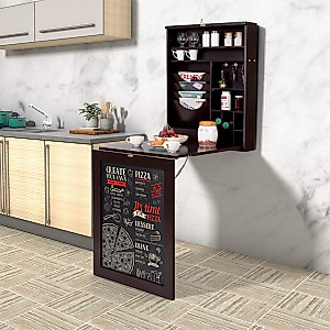 Tangkula Wall Mounted Desk, Floating Desk with Chalkboard, Space Saving Fold Up Wall Convertible Desk, Multi-Function Wall Mounted Table with Storage Shelves & Hooks（No Assembly Required）