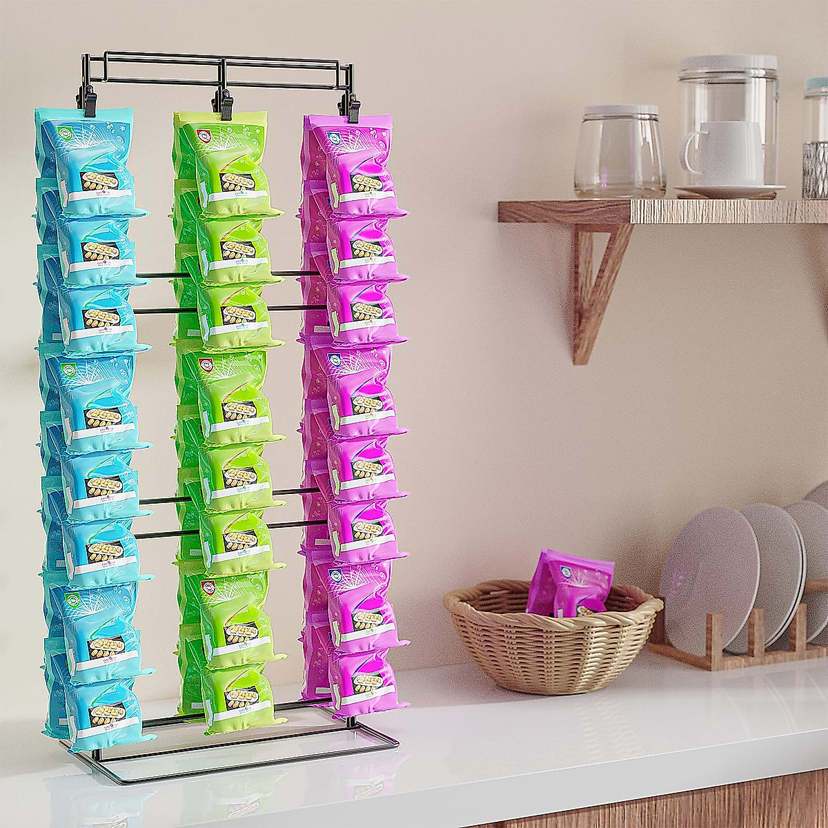 Eazy2hD Upgraded Potato Chip Rack Display with 54 Clips, 3-Row Chip Stand Display for Party, Countertop Chip Bag Holder, 30"x13.6" Matte Black Snack Display for Counter, Snack Rack Organizer